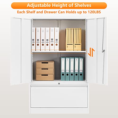 LISSIMO File Cabinets,Filing Cabinet with Lock for Home Office,Lateral File Cabinet with Doors and Drawers for Hanging Files Letter/Legal/A4 Size Files(White)
