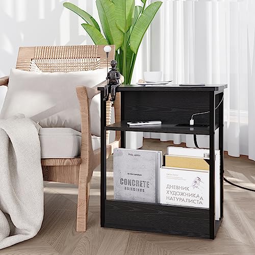 GGWEW Narrow Side Table with Charging Station, 3 Tier Slim End Table for Small Spaces, 23.6 Inch Height Thin Tables with Storage Shelf and Magazine Rack for Living Room, Black