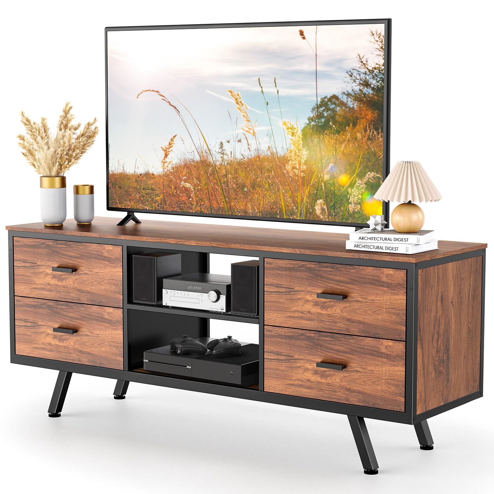 Pipishell TV Console Table for up to 65″ TVs, Retro TV Stand with Metal Frame & Fabric Drawers up to 150 lbs, Entertainment Center TV Console for Living Room & Bedroom Organization, PIRTS06WN