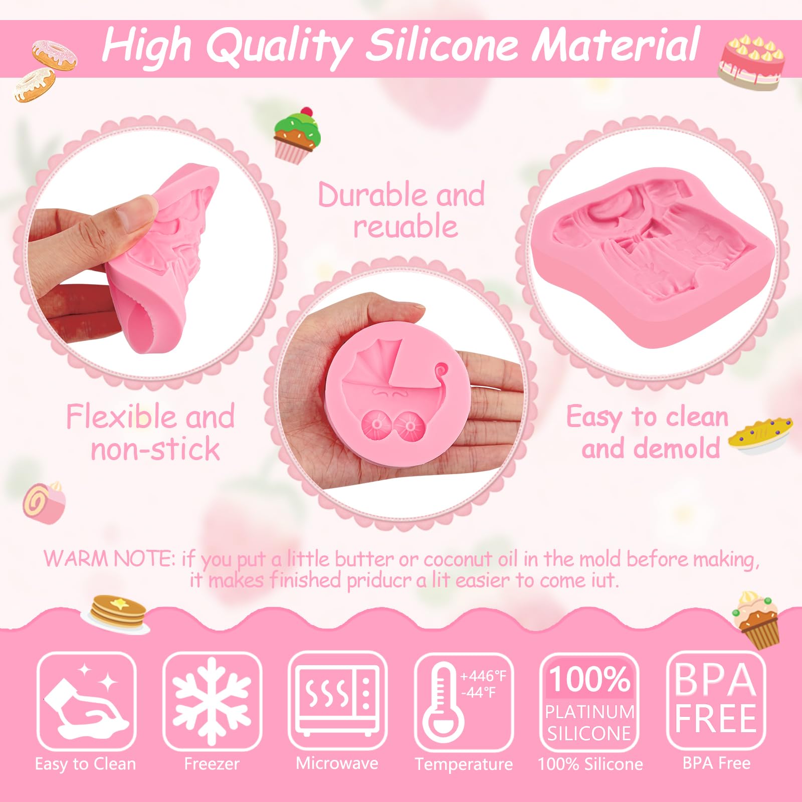Baby Showers Fondant Molds 4 Pcs, Bottle Stroller Skirt Chocolate Cake Decoration Silicone Mold for DIY Candy Sugar Craft, Cookies, Marzipan, Flower Paste, Dough, Resin, Clay
