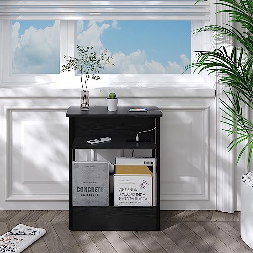 GGWEW Narrow Side Table with Charging Station, 3 Tier Slim End Table for Small Spaces, 23.6 Inch Height Thin Tables with Storage Shelf and Magazine Rack for Living Room, Black