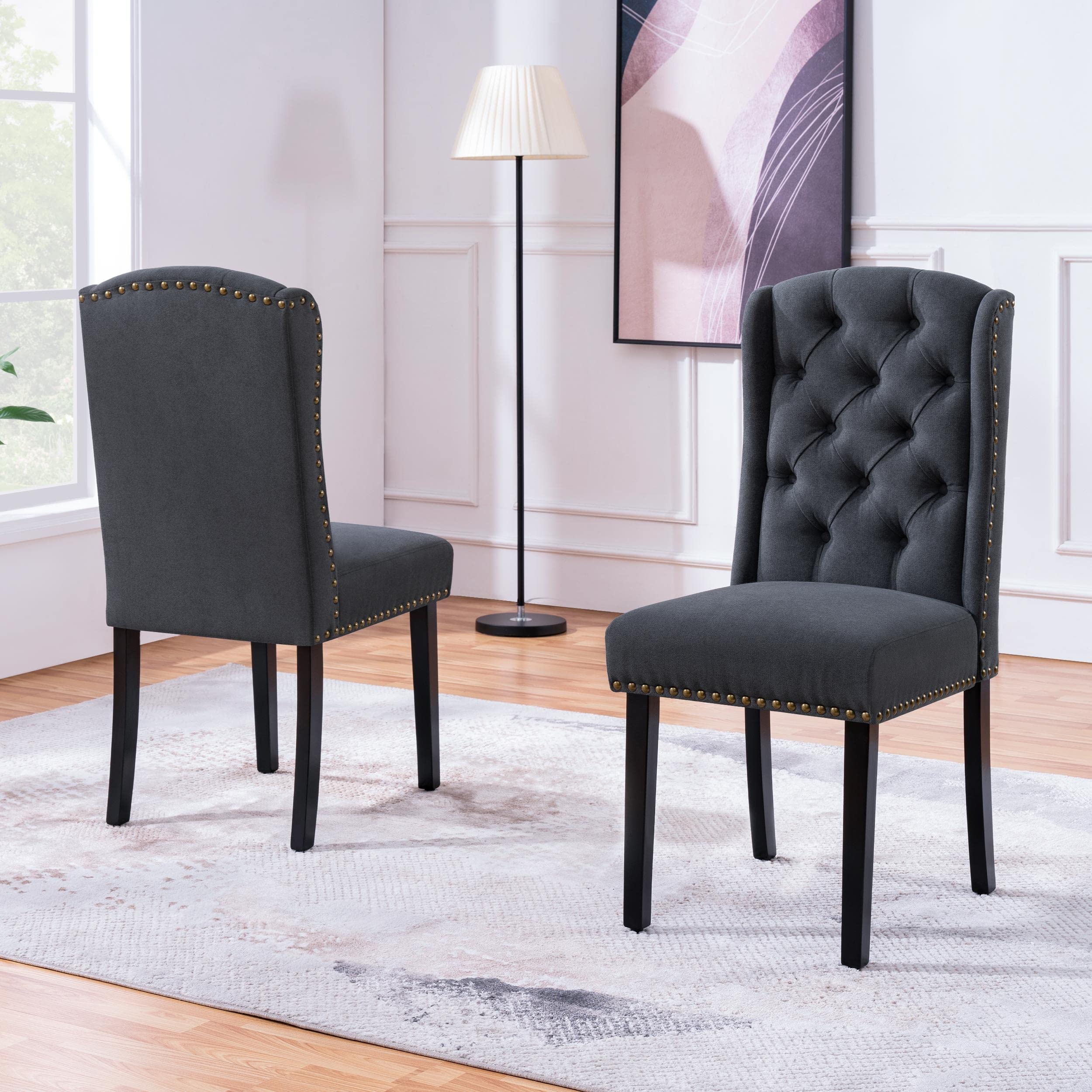 Yaheetech Dining Chairs Upholstered Fabric Chairs Tufted Kitchen Chairs with Solid Wood Legs, Nailhead Trims and Wing Design for Dining Room Kitchen and Restaurant, Set of 6, Gray