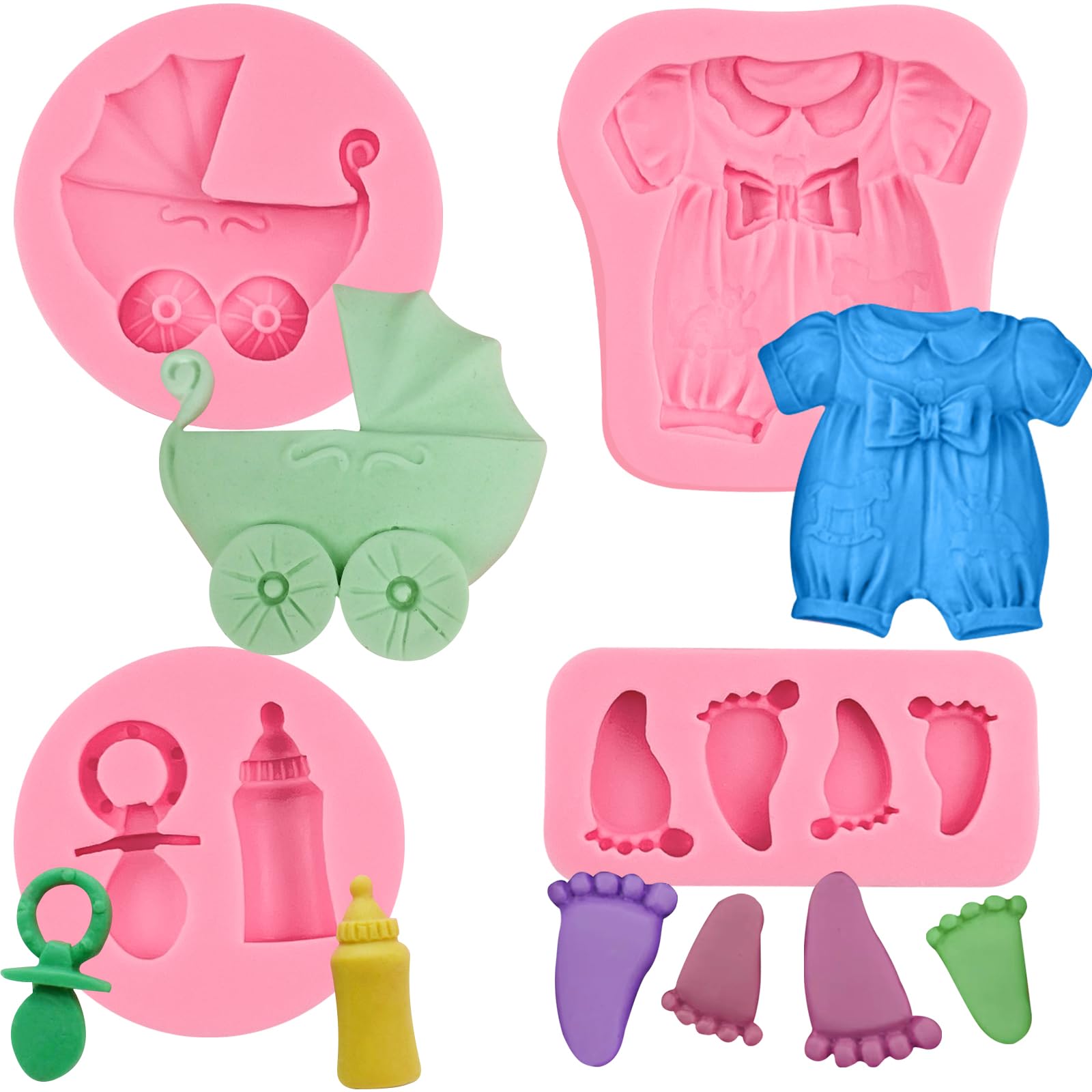 Baby Showers Fondant Molds 4 Pcs, Bottle Stroller Skirt Chocolate Cake Decoration Silicone Mold for DIY Candy Sugar Craft, Cookies, Marzipan, Flower Paste, Dough, Resin, Clay