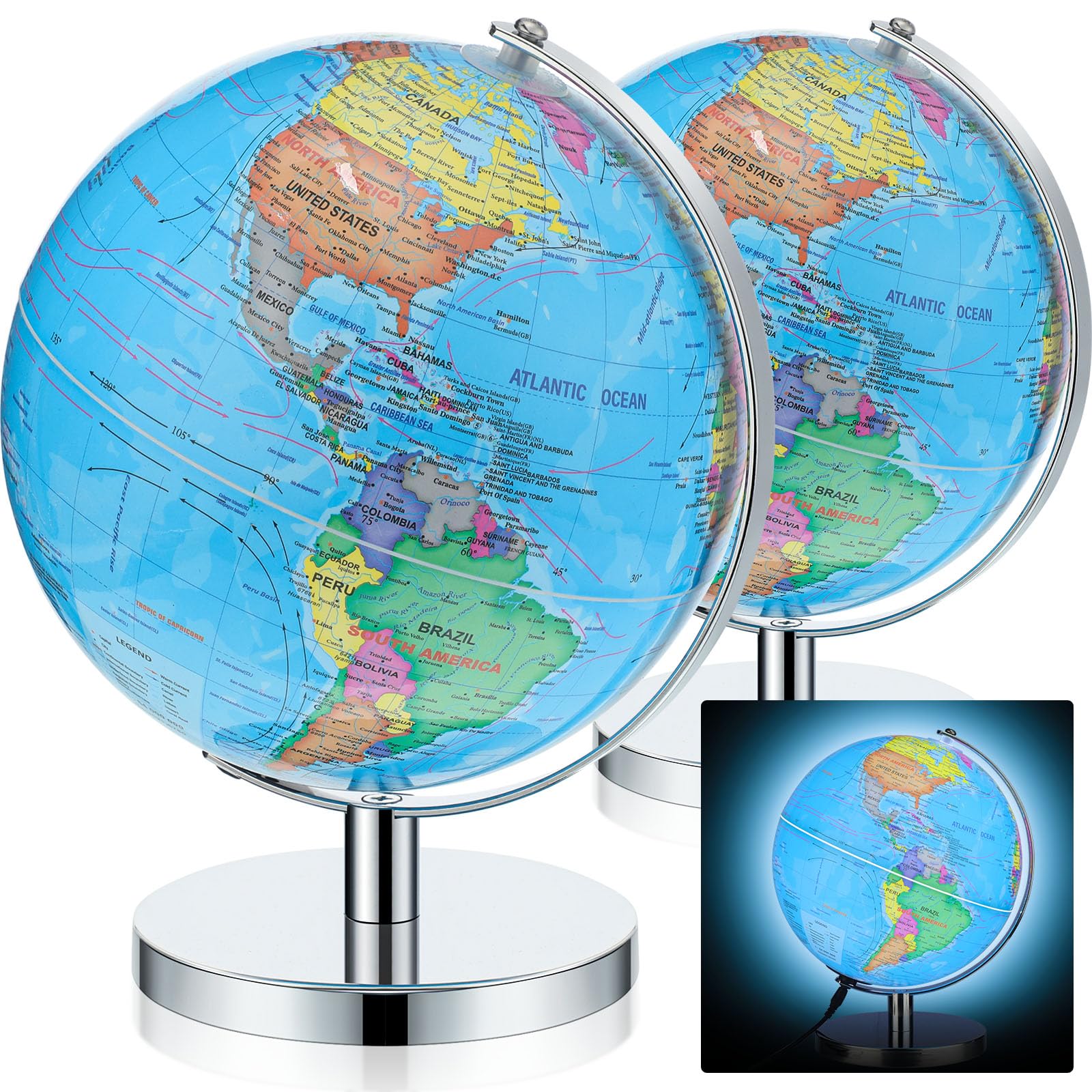 2 Pcs 8.7'' Illuminated World Globe with Stand, World Globe for Kids Learning with Build in Led Night Light, Educational Interactive Globe Lamp Light up Geographic Globes for Home Desk Classroom