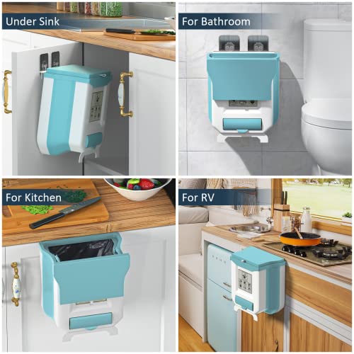 HI NINGER Small Trash Can with Lid, 2.4 Gallon Capacity, Blue/White Color, Plastic Material, Hanging Design, Ideal for Kitchen, Bathroom, RV, Camping