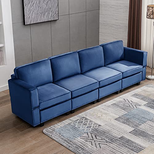 ZAFLY Sectional Sofa, 4 Seat Convertible Modular Blue Couch with Adjustable Backrest and Armrests I Shaped Sleeper Comfy Couches for Living Room