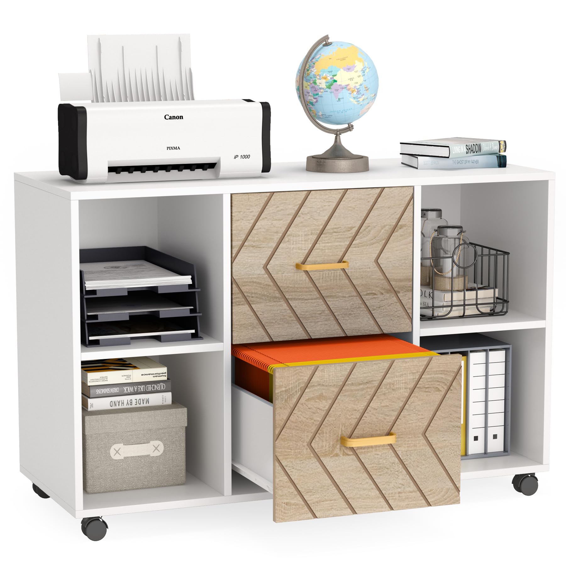 Tribesigns 2 Drawer File Cabinet, Large Mobile Lateral Filing Cabinet for Letter Size, Printer Stand with Storage Shelves and Rolling Wheels for Home Office (White)