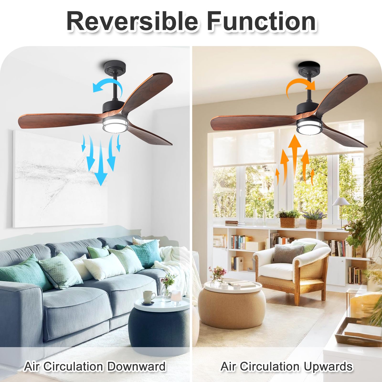 YELUFT 52'' Wood Ceiling Fans with Lights Remote Control,Quiet DC Motor,Outdoor Ceiling Fan with 3 Blades for Bedroom,Patio Living Room,Office