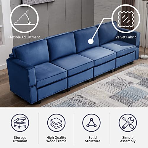 ZAFLY Sectional Sofa, 4 Seat Convertible Modular Blue Couch with Adjustable Backrest and Armrests I Shaped Sleeper Comfy Couches for Living Room