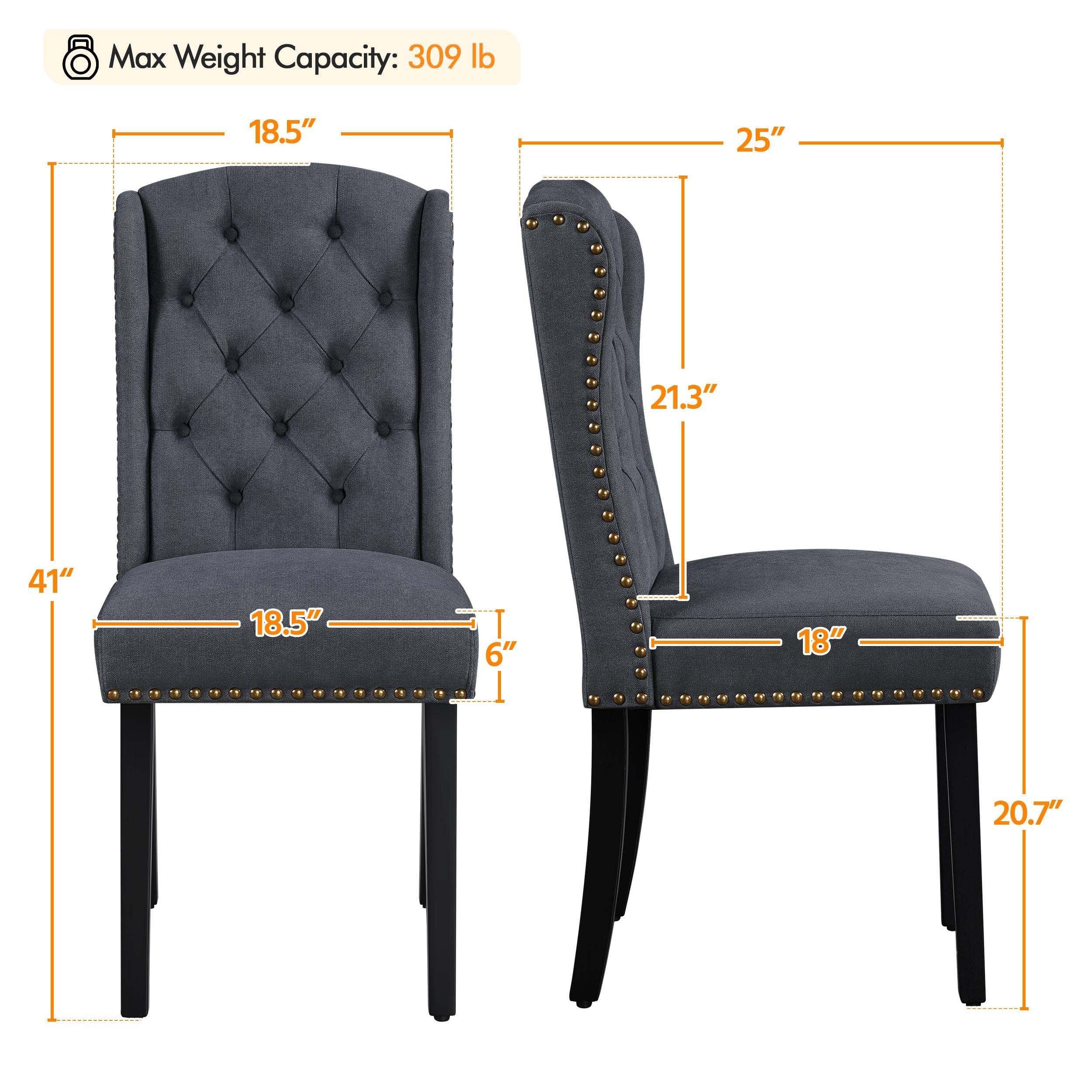 Yaheetech Dining Chairs Upholstered Fabric Chairs Tufted Kitchen Chairs with Solid Wood Legs, Nailhead Trims and Wing Design for Dining Room Kitchen and Restaurant, Set of 6, Gray