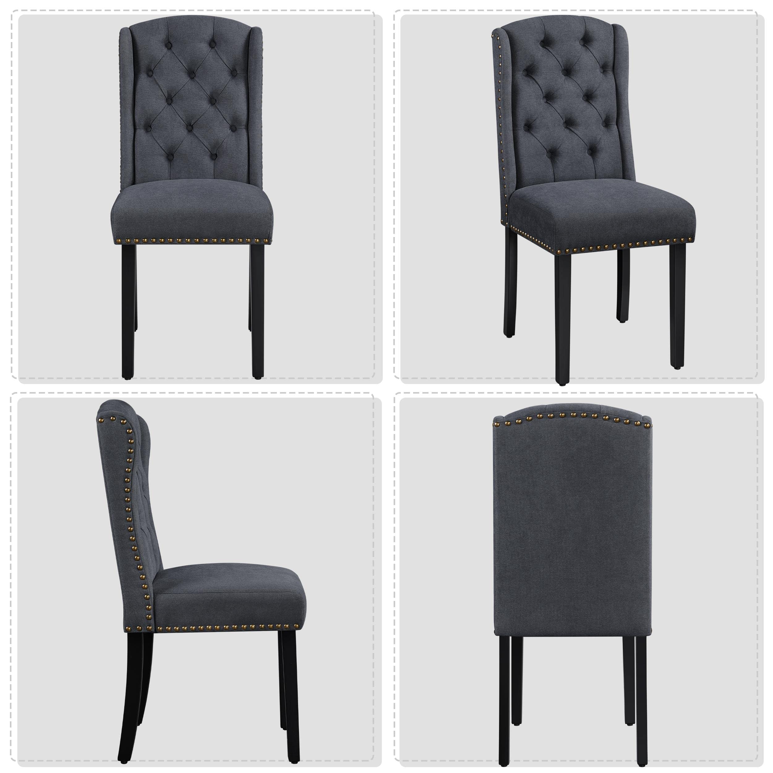 Yaheetech Dining Chairs Upholstered Fabric Chairs Tufted Kitchen Chairs with Solid Wood Legs, Nailhead Trims and Wing Design for Dining Room Kitchen and Restaurant, Set of 6, Gray