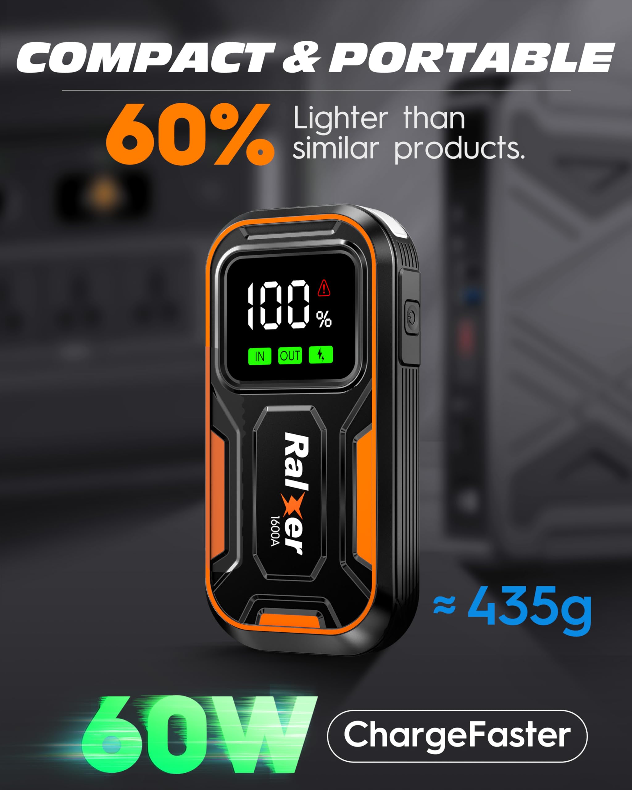 RALXER 1600A Peak 15200mAh Portable Car Jump Starter, Jump Starter Battery Pack (Up to 7.5L Gas or 6.0L Diesel Engine), 12V Battery Jump Starter with Type C-C PD60W (Input/Output) and LED Display