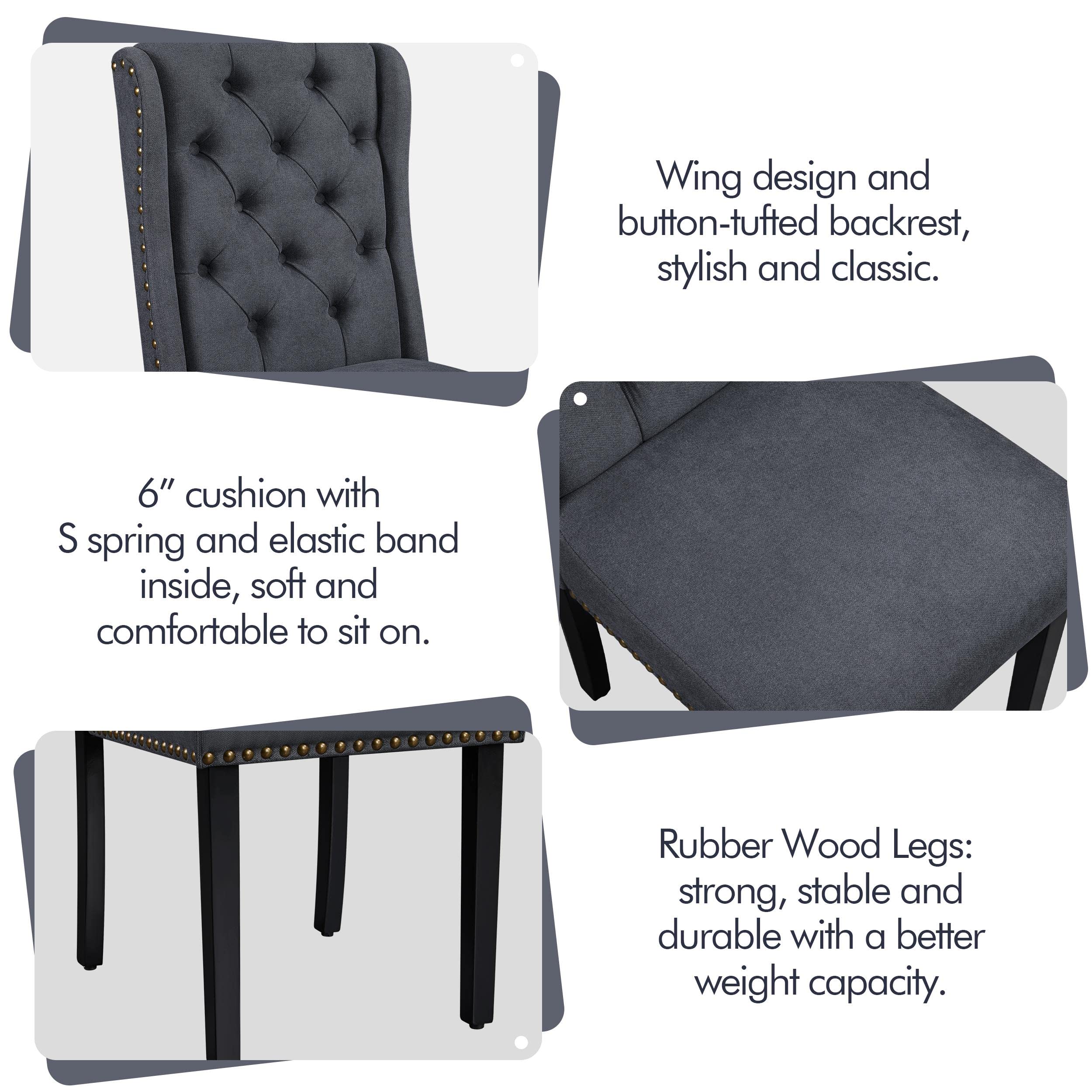 Yaheetech Dining Chairs Upholstered Fabric Chairs Tufted Kitchen Chairs with Solid Wood Legs, Nailhead Trims and Wing Design for Dining Room Kitchen and Restaurant, Set of 6, Gray