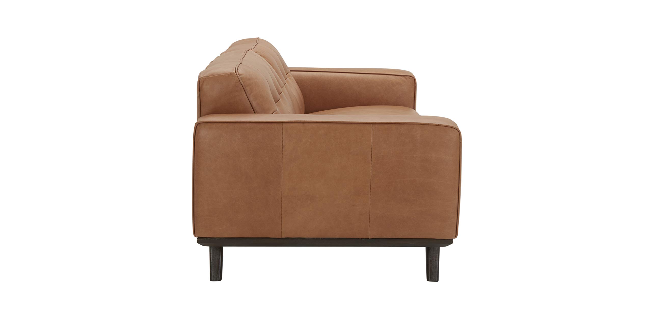 Modern Leather Sofa Couch with Wood Base, 89.4" W, Cognac/Espresso