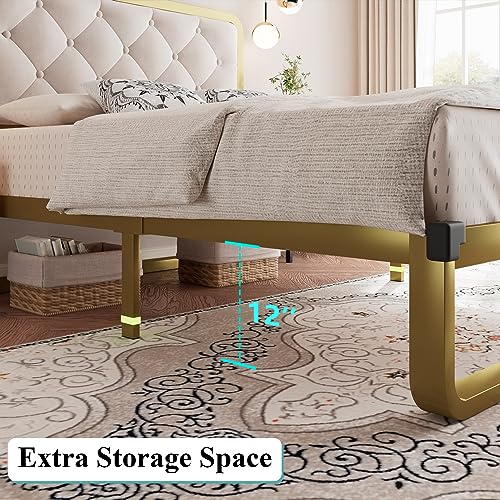iPormis Twin Size Metal Bed Frame with Velvet Button Tufted Headboard, Curved Platform Frame, Thicker Steel Slats Support, 12'' Under-Bed Space, Noise-Free, Easy Assembly, Gold & Beige