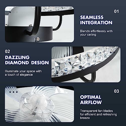 Tivleed Low Profile Ceiling Fan with Lights, 20" Semi Flush LED Fans Light, Remote & Smart APP Control, 360° Rotatable, Modern Crystal, 3 Color Dimmable, 6 Speeds, for Bedroom Living Room, Black