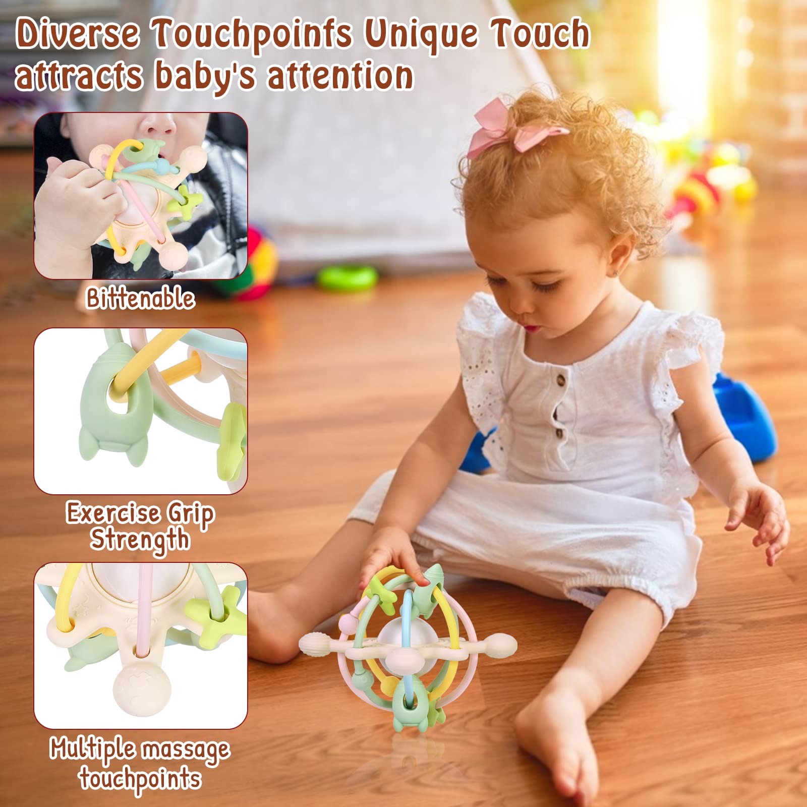 Baby Teething Toys for Babies 0-6,12,18 Months, Qemixly 3 Pack Gift Silicone Baby Teethers for Baby Teething Relief, Anti-Drop Hand Teething Mittens and Rattle Ball(Caramel,Blue,Multi-Blue)