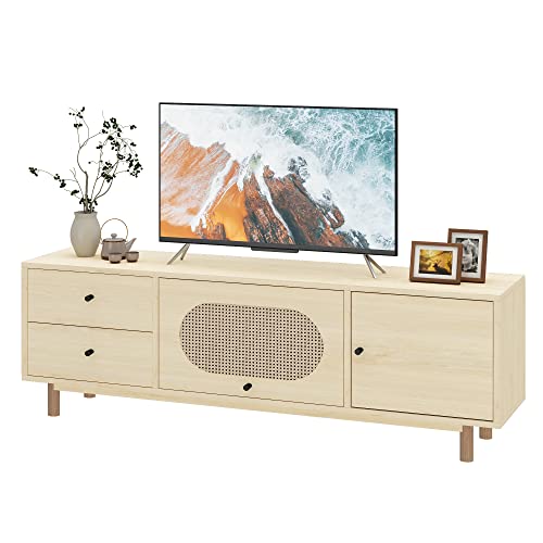 AWQM Rattan TV Stand for 70 Inch TV, Entertainment Center Cabinet with 2 Drawers and Cabinet Storage, Farmhouse TV Console Table for Living Room or Media Room, Oak