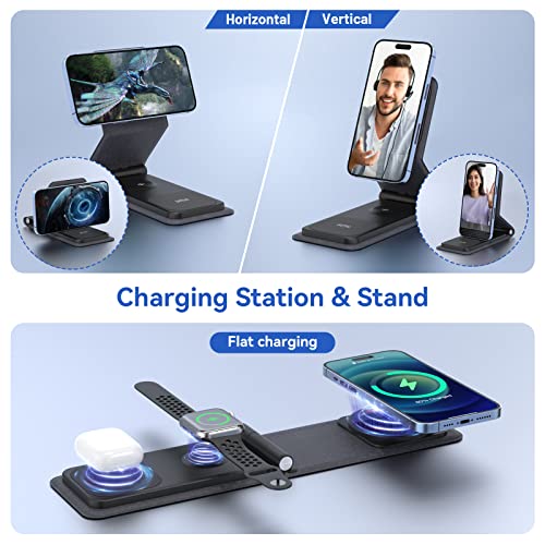 Hasbagan 3 in 1 Charging Station, Magnetic Foldable Charger, Travel Charging pad for iPhone 14 13 12 Pro Max & Apple Watch - Charging Stand Dock for AirPods (Black)