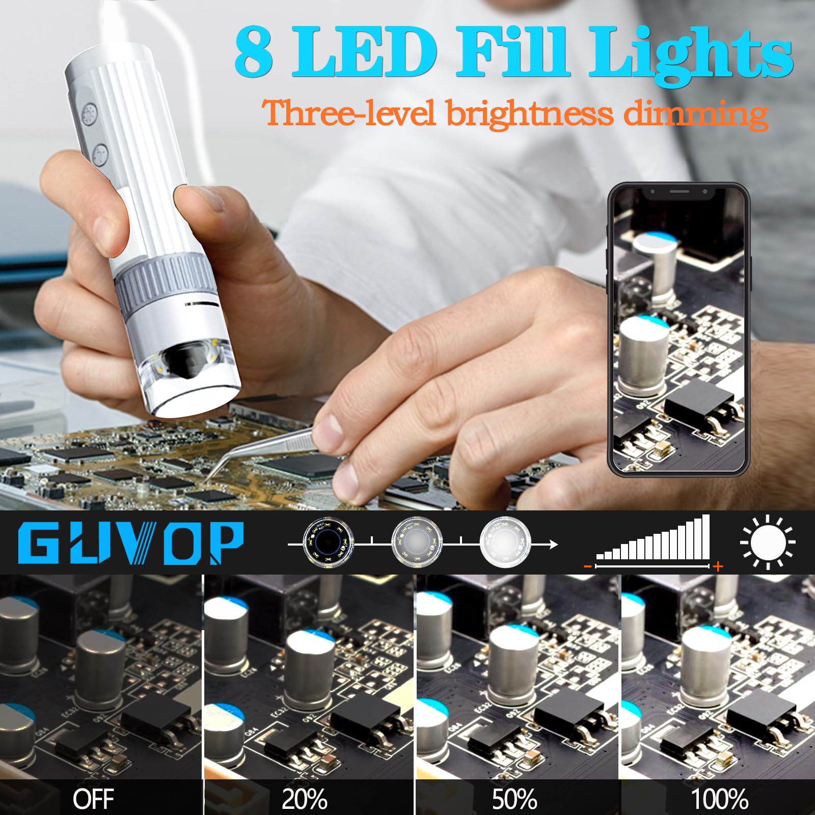 USB Digital Microscope, GUVOP 50X-1000X Handheld Pocket Microscopes Camera, 1080P HD Coin Microscope, Trichome Mini Camera Magnifier with 8 Adjustable LED, Compatible with Mac, PC View Windows- White