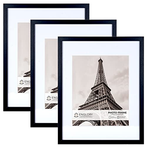 ENGLORY 11x14 Picture Frame Black Set of 3, Made of composite wood and Real Glass, Display 8x10 with Mat or 11x14 Without Mat, 11 x 14 Photo Frames for Wall Mounting.