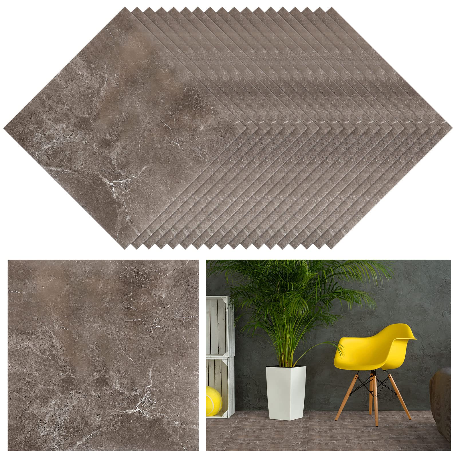 Spiareal 100 Pcs Self-Adhesive Peel and Stick 12 x 12 Inch Waterproof Vinyl Floor Tiles for Kitchen, Bedroom, Basement, Bathroom (Stylish Style) Gray