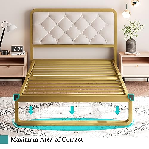 iPormis Twin Size Metal Bed Frame with Velvet Button Tufted Headboard, Curved Platform Frame, Thicker Steel Slats Support, 12'' Under-Bed Space, Noise-Free, Easy Assembly, Gold & Beige