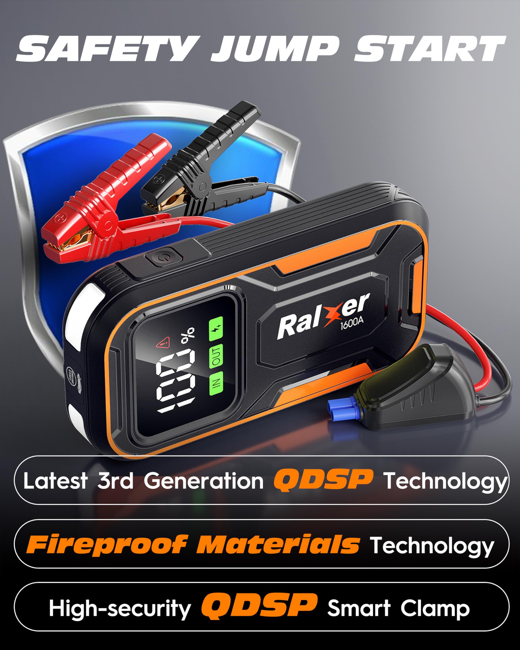 RALXER 1600A Peak 15200mAh Portable Car Jump Starter, Jump Starter Battery Pack (Up to 7.5L Gas or 6.0L Diesel Engine), 12V Battery Jump Starter with Type C-C PD60W (Input/Output) and LED Display