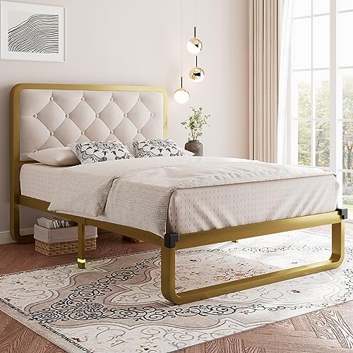 iPormis Twin Size Metal Bed Frame with Velvet Button Tufted Headboard, Curved Platform Frame, Thicker Steel Slats Support, 12'' Under-Bed Space, Noise-Free, Easy Assembly, Gold & Beige