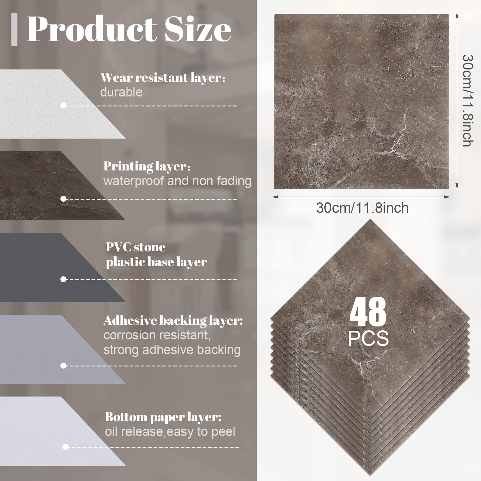 Spiareal 100 Pcs Self-Adhesive Peel and Stick 12 x 12 Inch Waterproof Vinyl Floor Tiles for Kitchen, Bedroom, Basement, Bathroom (Stylish Style) Gray