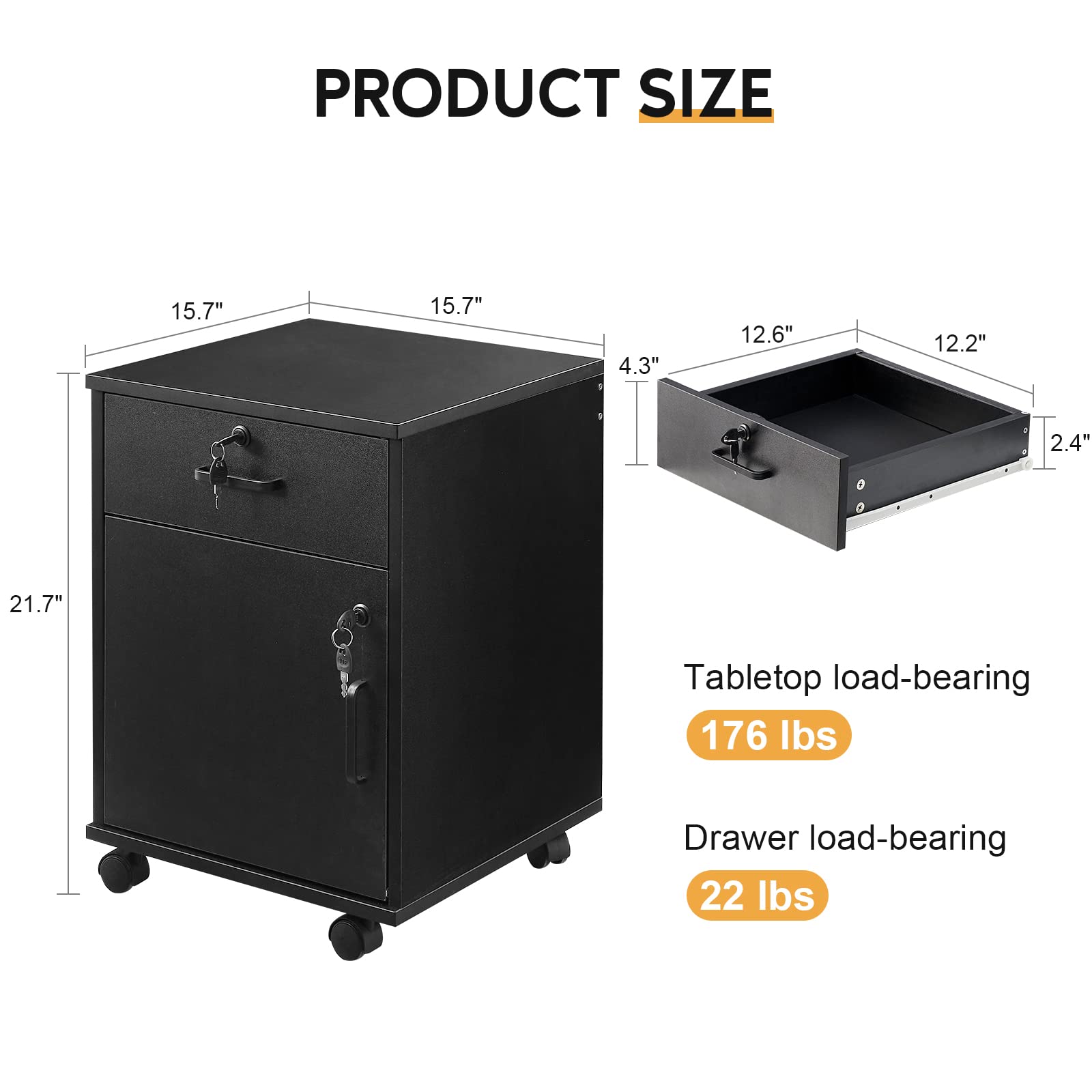 CLIPOP Mobile Office Cabinet with 1 Lockable Drawer & Storage Cabinet Box, Under Desk Rolling Vertical File Cabinet with 4 Wheels for Letter/Legal /A4 Size Documents for Home Office (Black)