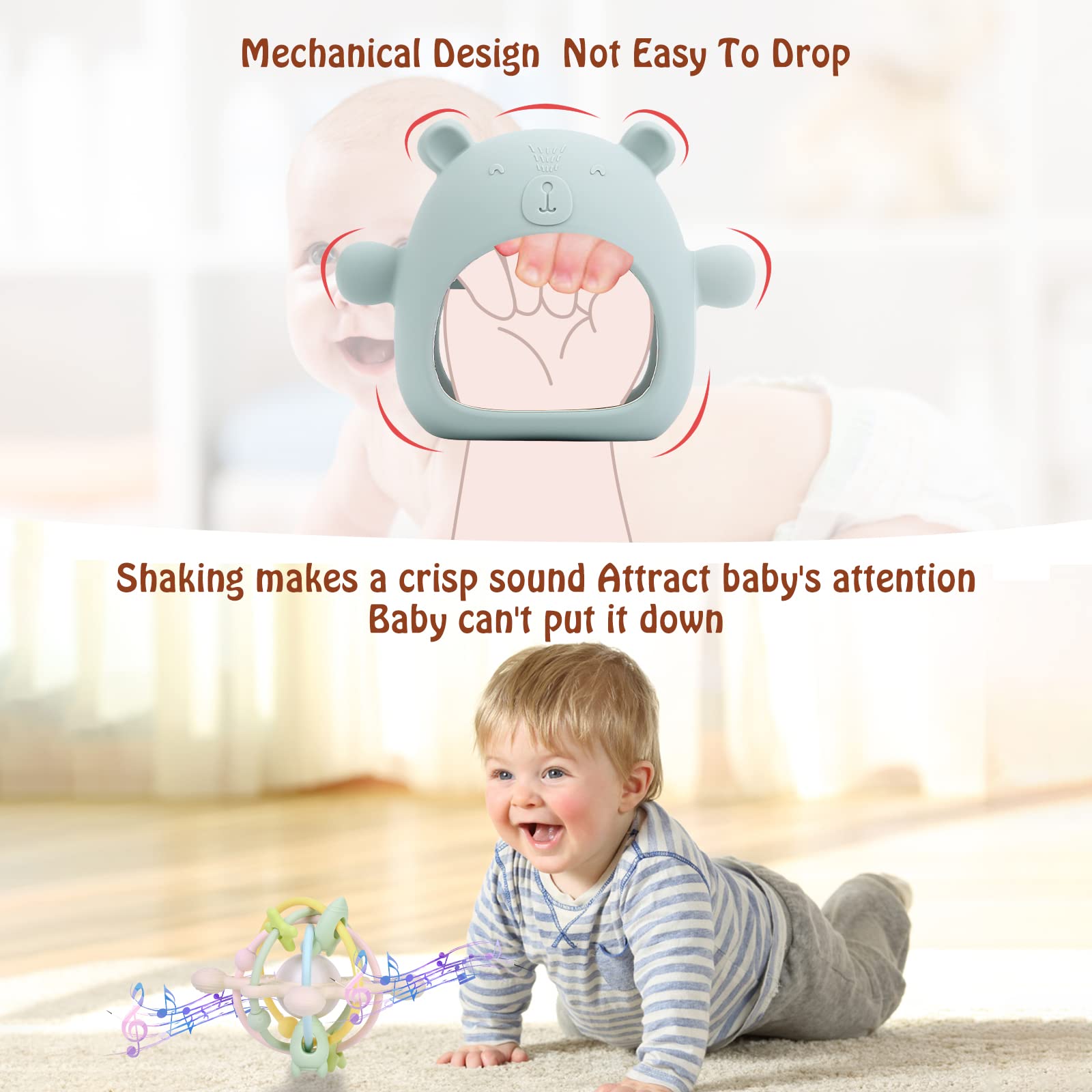 Baby Teething Toys for Babies 0-6,12,18 Months, Qemixly 3 Pack Gift Silicone Baby Teethers for Baby Teething Relief, Anti-Drop Hand Teething Mittens and Rattle Ball(Caramel,Blue,Multi-Blue)