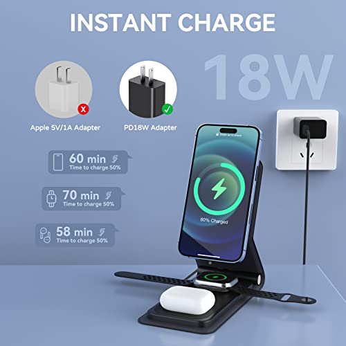 Hasbagan 3 in 1 Charging Station, Magnetic Foldable Charger, Travel Charging pad for iPhone 14 13 12 Pro Max & Apple Watch - Charging Stand Dock for AirPods (Black)