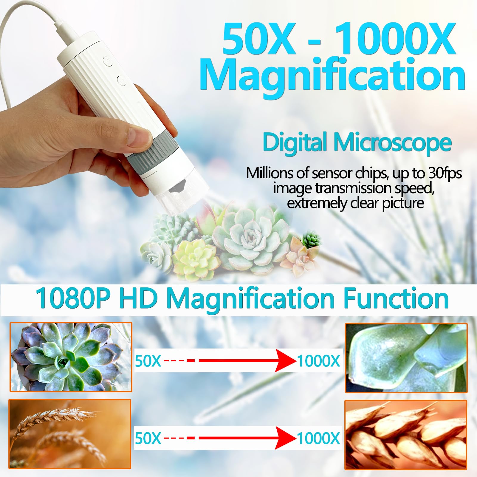 USB Digital Microscope, GUVOP 50X-1000X Handheld Pocket Microscopes Camera, 1080P HD Coin Microscope, Trichome Mini Camera Magnifier with 8 Adjustable LED, Compatible with Mac, PC View Windows- White