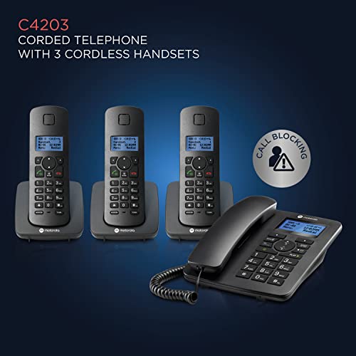 Motorola Voice C42 Corded Phone System + 3 Digital Cordless Handsets w/Answering Machine, Call Block - Black (C4203)