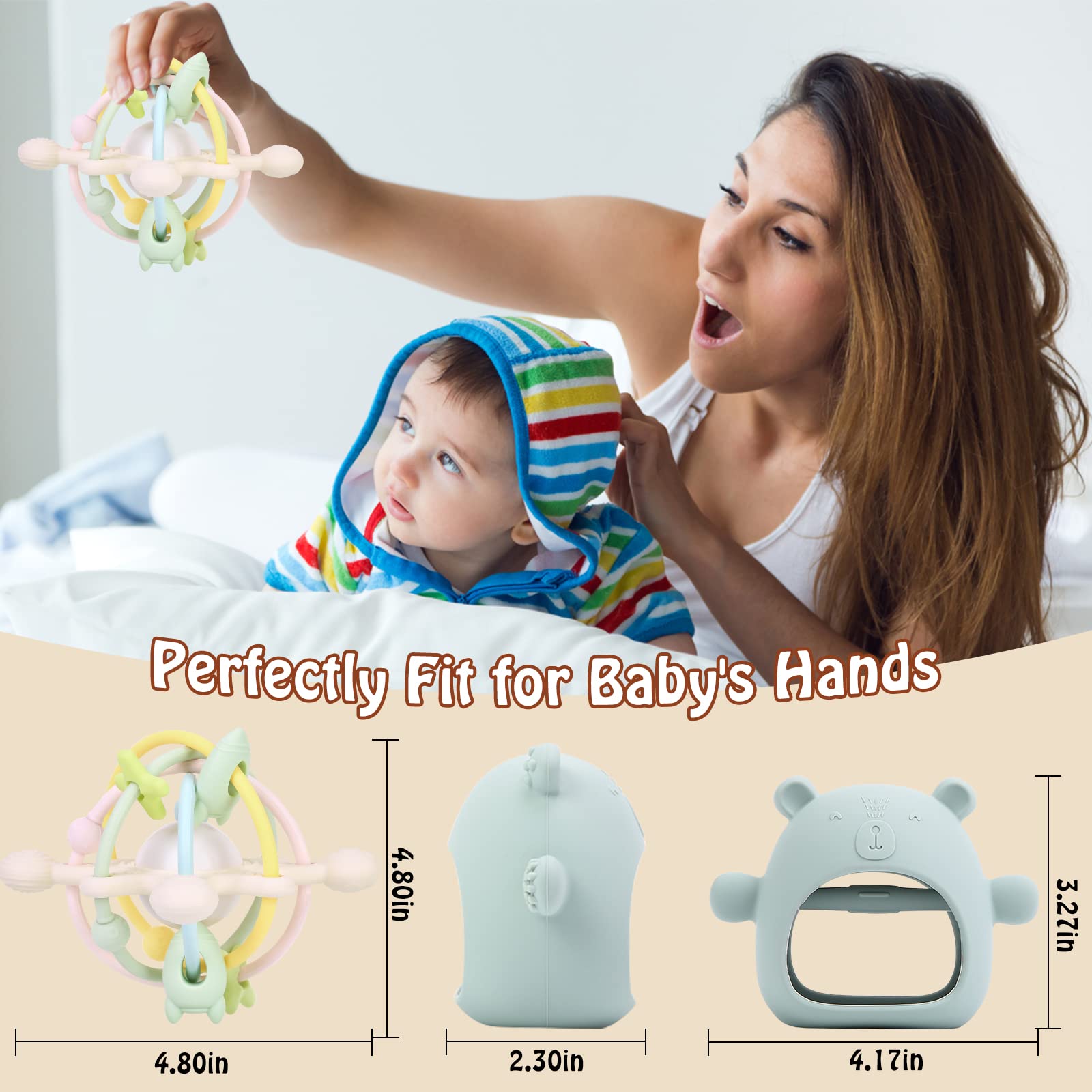 Baby Teething Toys for Babies 0-6,12,18 Months, Qemixly 3 Pack Gift Silicone Baby Teethers for Baby Teething Relief, Anti-Drop Hand Teething Mittens and Rattle Ball(Caramel,Blue,Multi-Blue)