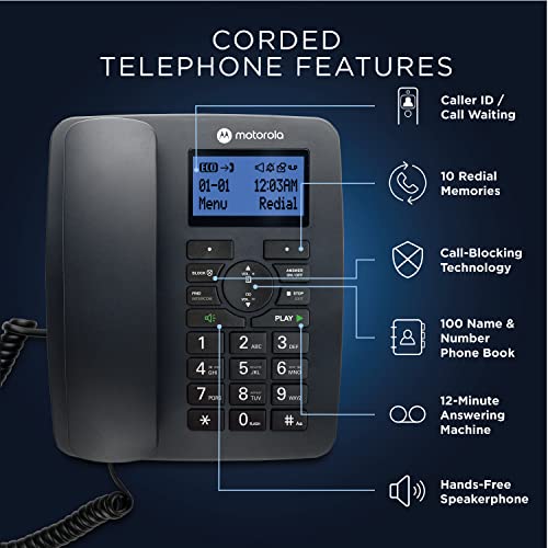 Motorola Voice C42 Corded Phone System + 3 Digital Cordless Handsets w/Answering Machine, Call Block - Black (C4203)