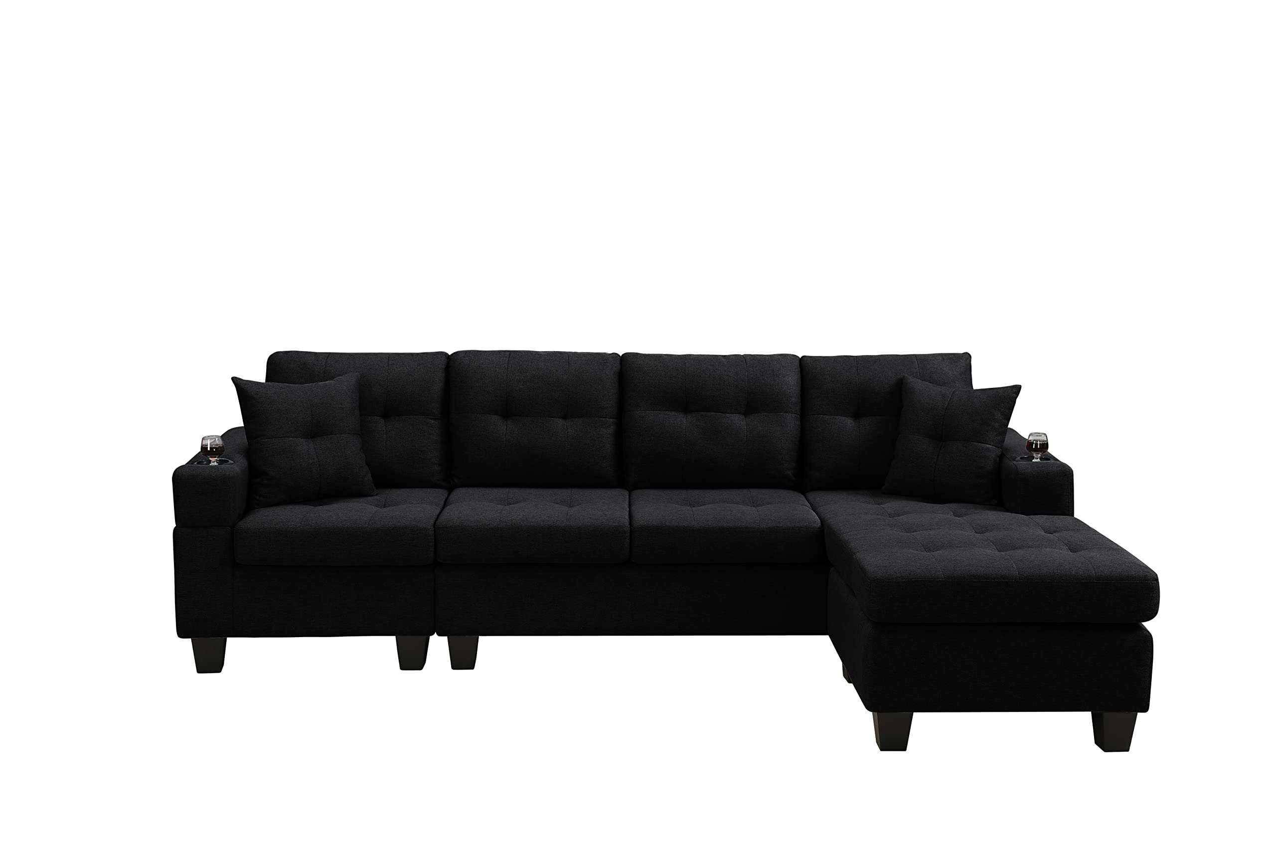 BIADNBZ Modern Sectional Sofa with Reversible Chaise Lounge and Two Cupholders, L-Shaped Couch with 2 Pillows for Living Room Apartment, Black