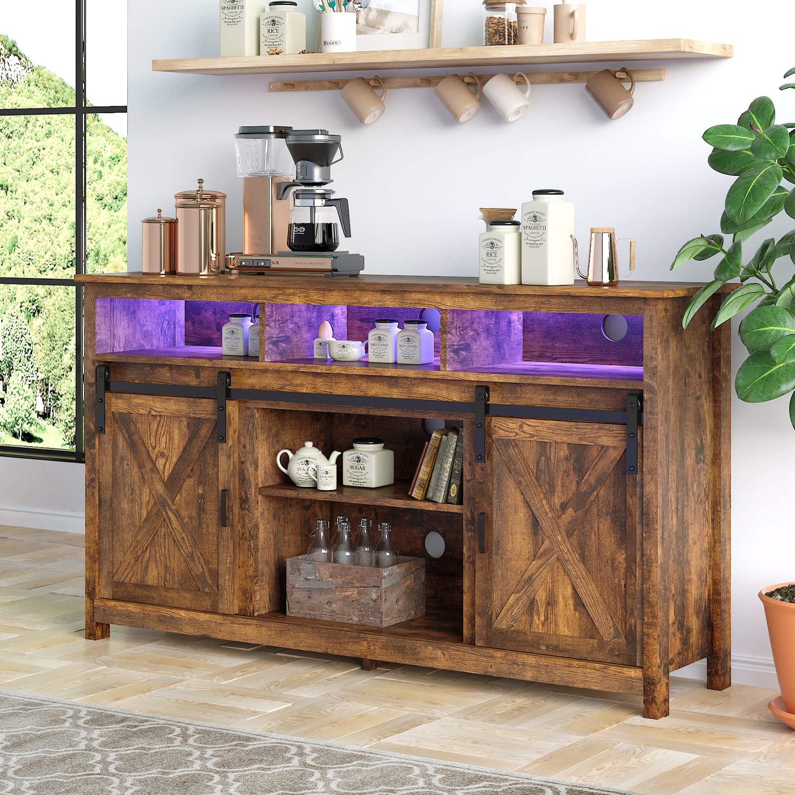 Bolonbi Farmhouse TV Stand for 65 inch TVs, Rustic Entertainment Center Cabinet with Power Outlets (Rustic Brown)