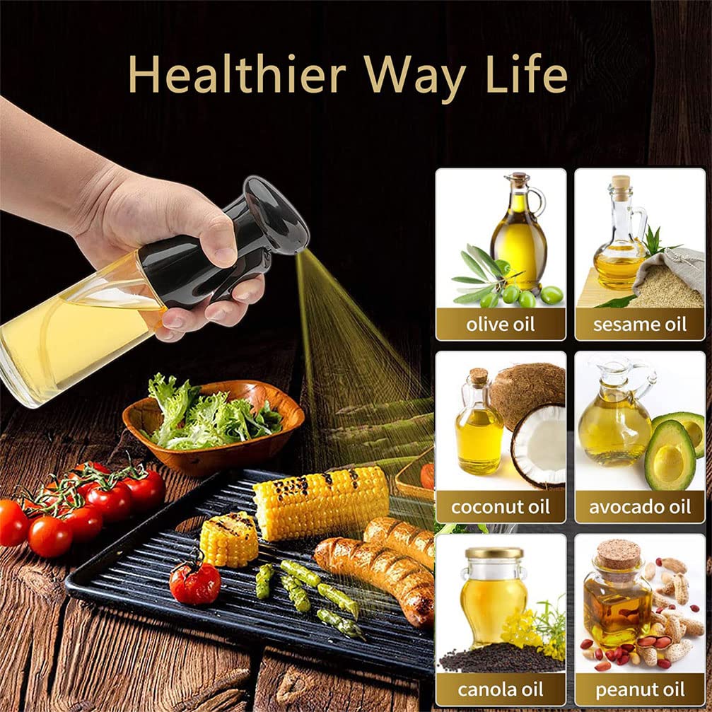 NatureMature Olive Oil Sprayer for Cooking, 200ml Glass Bottle Mister, Kitchen Gadgets Air Fryer Accessories for Baking, Frying, Roasting, Salad, BBQ. (Black)