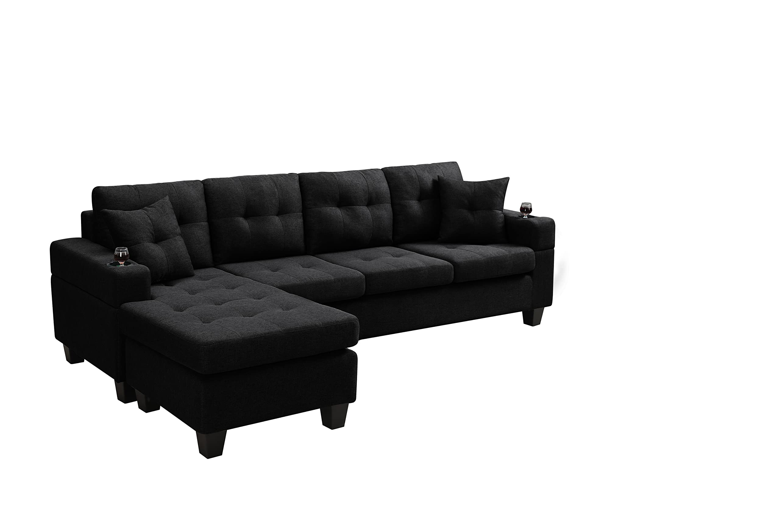 BIADNBZ Modern Sectional Sofa with Reversible Chaise Lounge and Two Cupholders, L-Shaped Couch with 2 Pillows for Living Room Apartment, Black