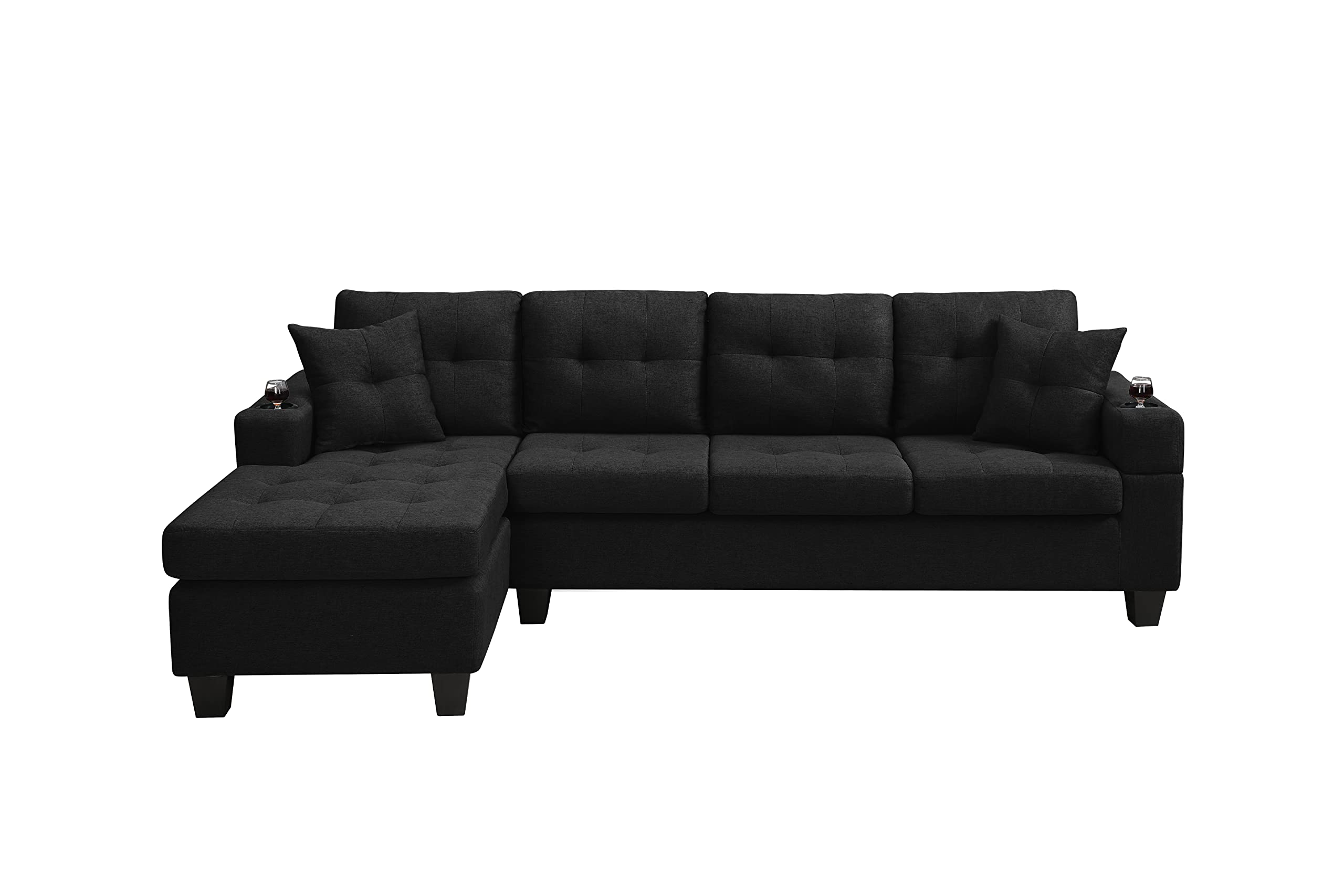 BIADNBZ Modern Sectional Sofa with Reversible Chaise Lounge and Two Cupholders, L-Shaped Couch with 2 Pillows for Living Room Apartment, Black