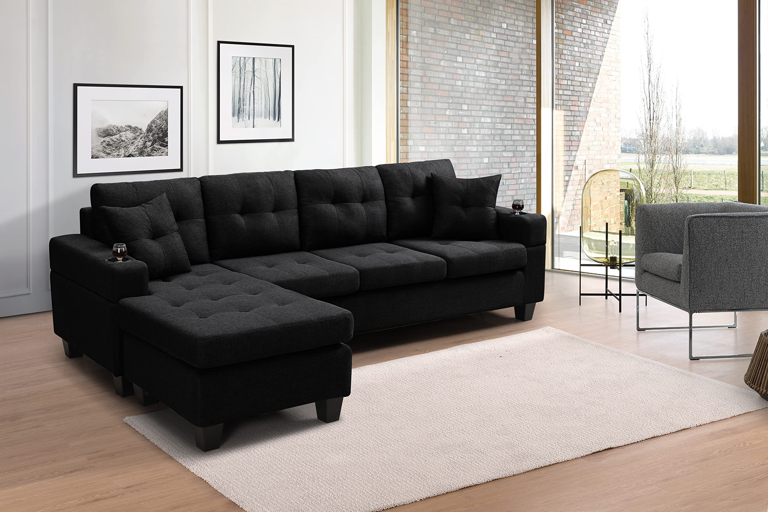 BIADNBZ Modern Sectional Sofa with Reversible Chaise Lounge and Two Cupholders, L-Shaped Couch with 2 Pillows for Living Room Apartment, Black