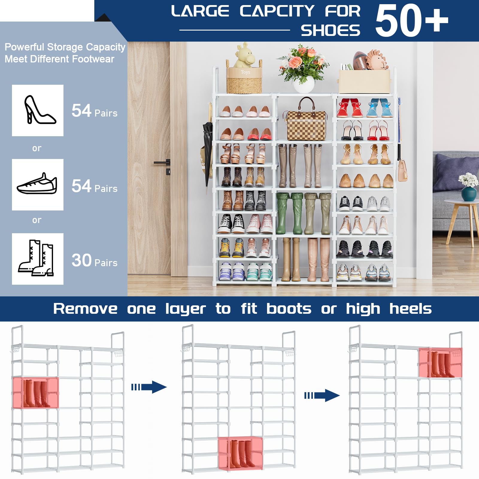 Mavivegue 9 Tiers Shoe Rack Tall Shoe Organizer Shoe Storage 50-55 Pairs Vertical Shoe Shelf Large Shoe Rack Organizer Stackable Shoe Racks for Entryway, Closet, Garage, Bedroom,Cloakroom - White