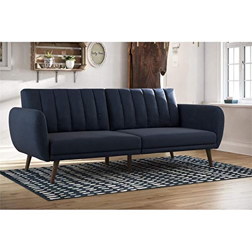 Sofa Futon, Premium Linen Upholstery and Wooden Legs, Blue Linen