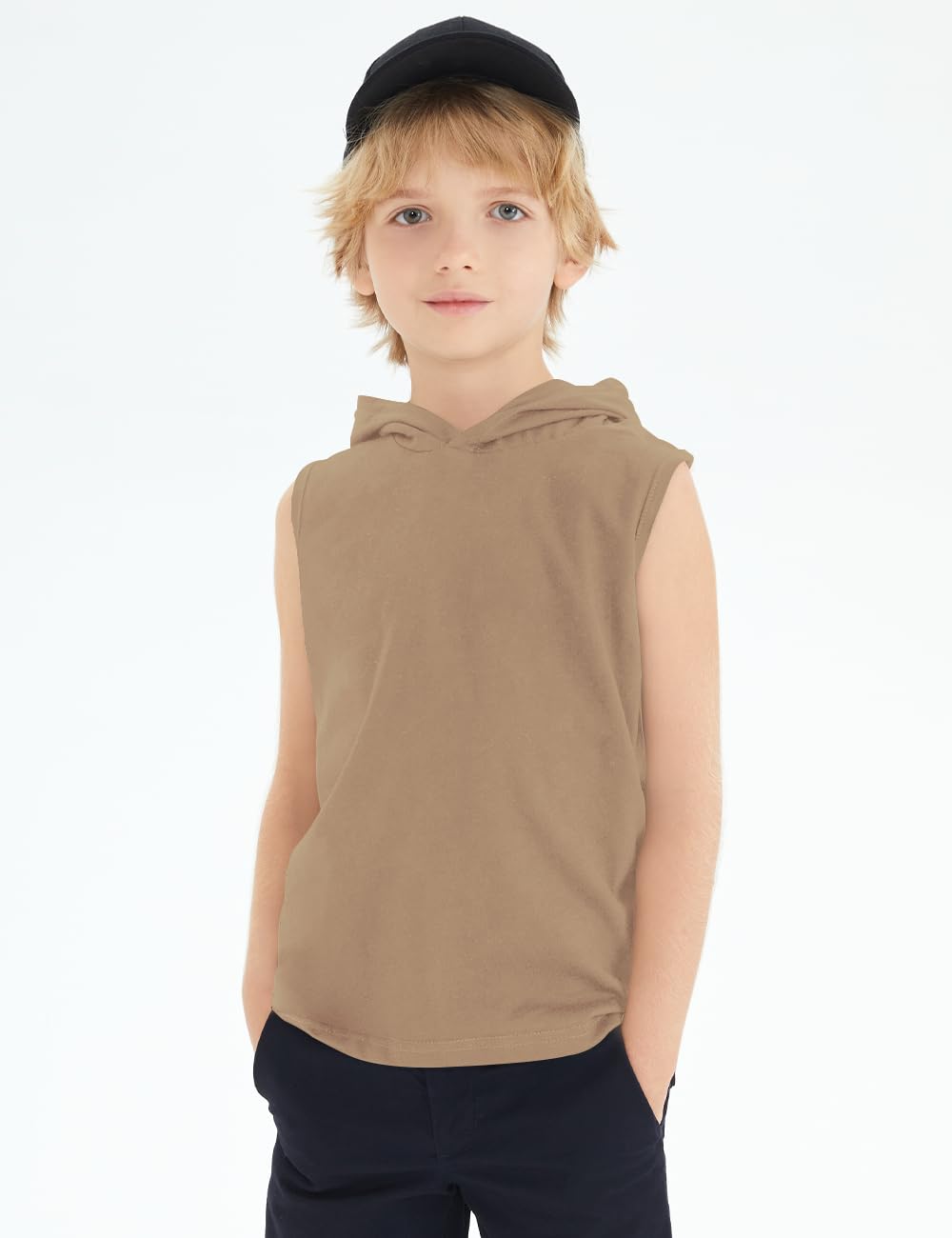Spring&Gege Boys Hooded Tank Top Solid Basic Sleeveless Pullover Hoodie Uniform Workout Comfy T-Shirt, Khaki, 9-10 Years