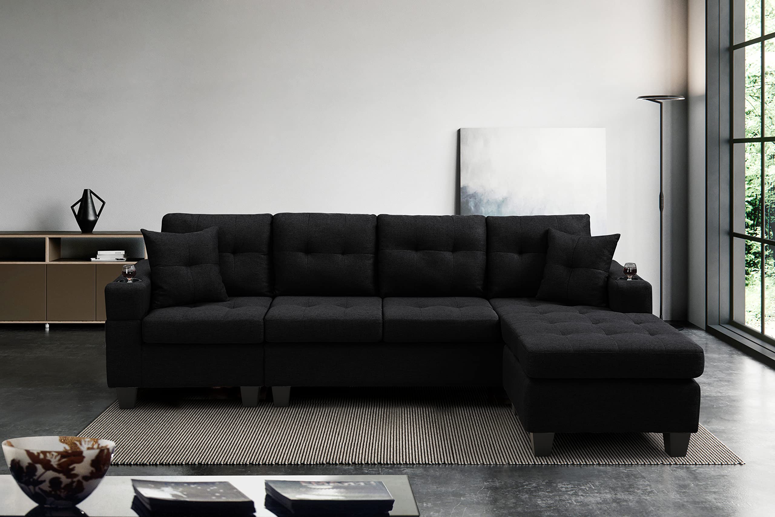 BIADNBZ Modern Sectional Sofa with Reversible Chaise Lounge and Two Cupholders, L-Shaped Couch with 2 Pillows for Living Room Apartment, Black