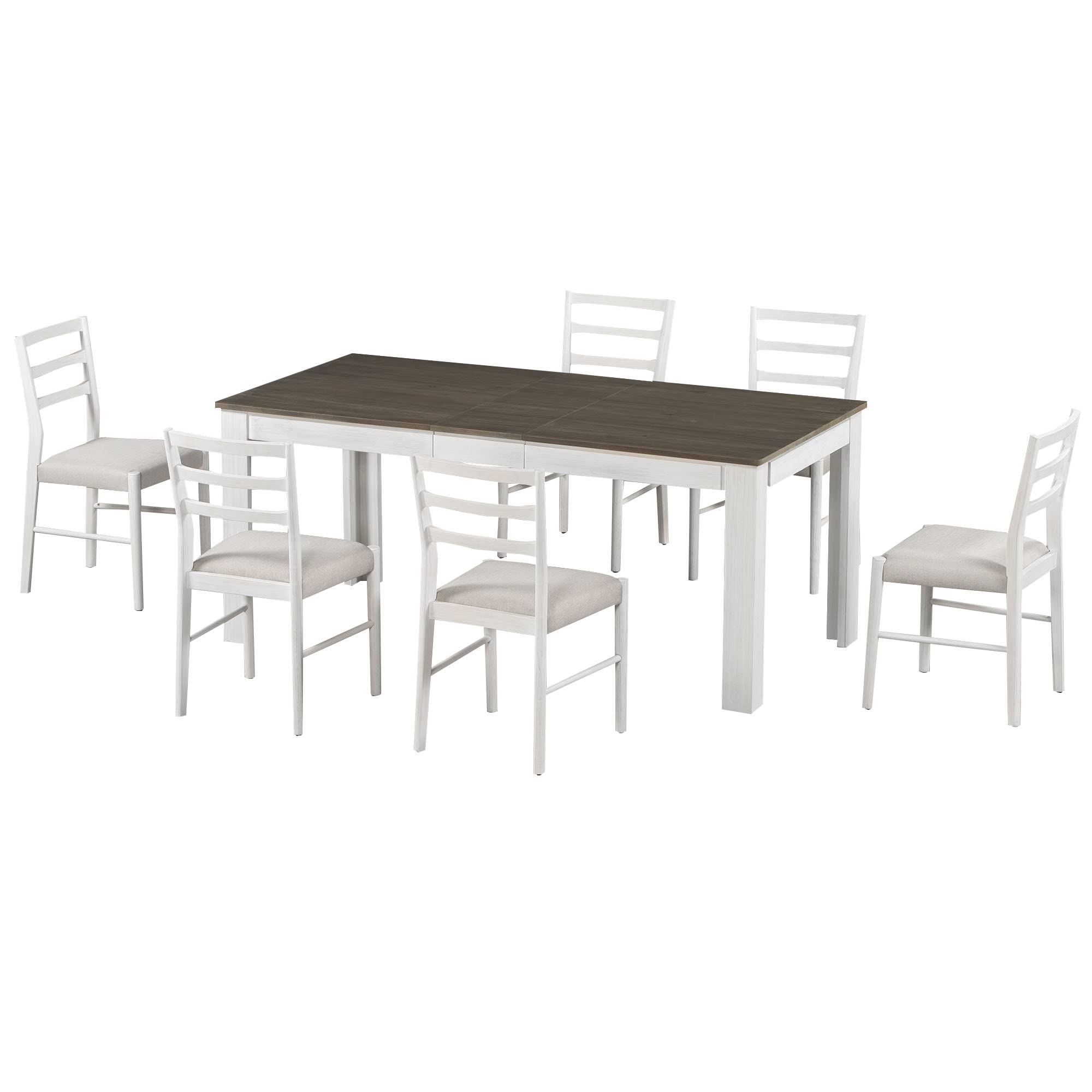 Merax 7-Piece Wooden Dining Table Set, Multifunctional Extendable Tabletop with 12” Leaf and 2 Drawers, 6 Chairs with Soft Cushion, White