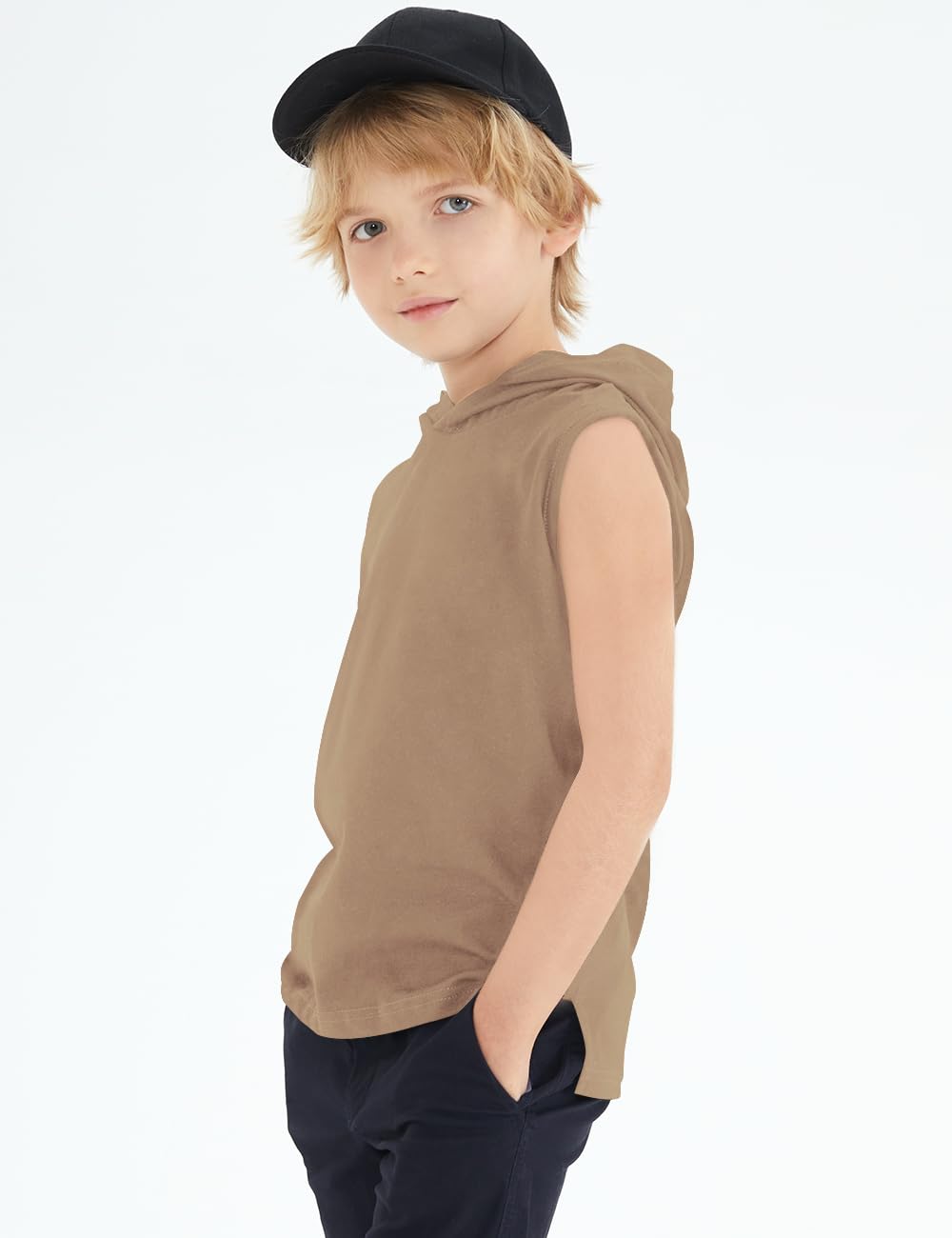 Spring&Gege Boys Hooded Tank Top Solid Basic Sleeveless Pullover Hoodie Uniform Workout Comfy T-Shirt, Khaki, 9-10 Years