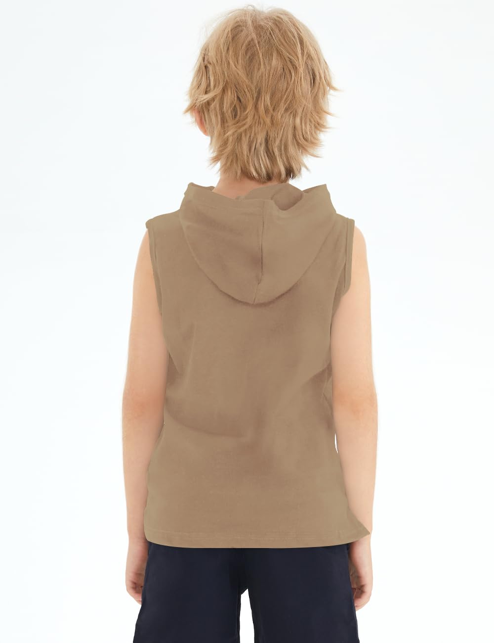 Spring&Gege Boys Hooded Tank Top Solid Basic Sleeveless Pullover Hoodie Uniform Workout Comfy T-Shirt, Khaki, 9-10 Years